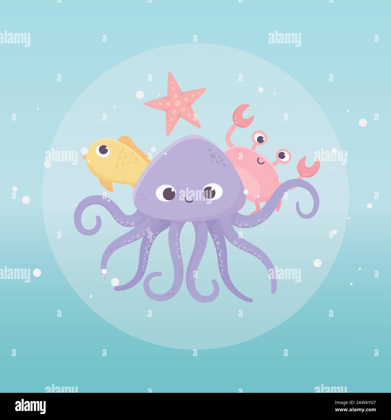 octopus crab starfish and fish life cartoon under the sea vector ...