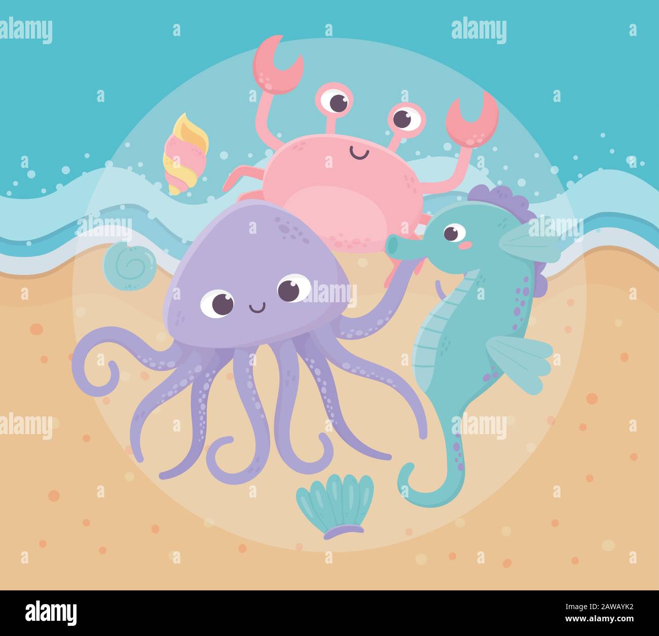 seashore octopus seahorse crab algae sand life cartoon under the sea ...