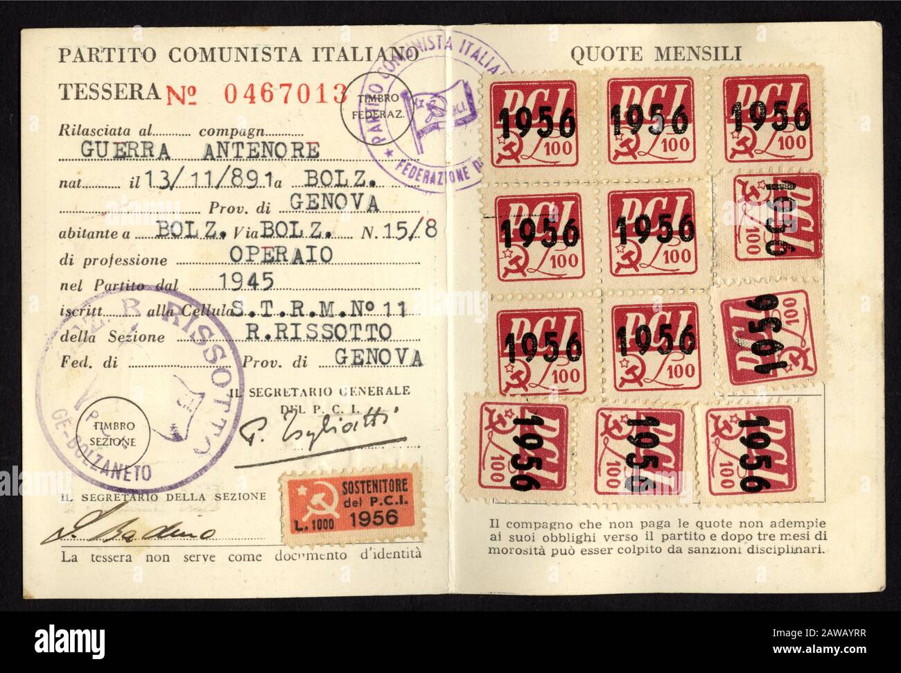 1956 , ITALY : The communist italian membership subscrption of PARTITO ...