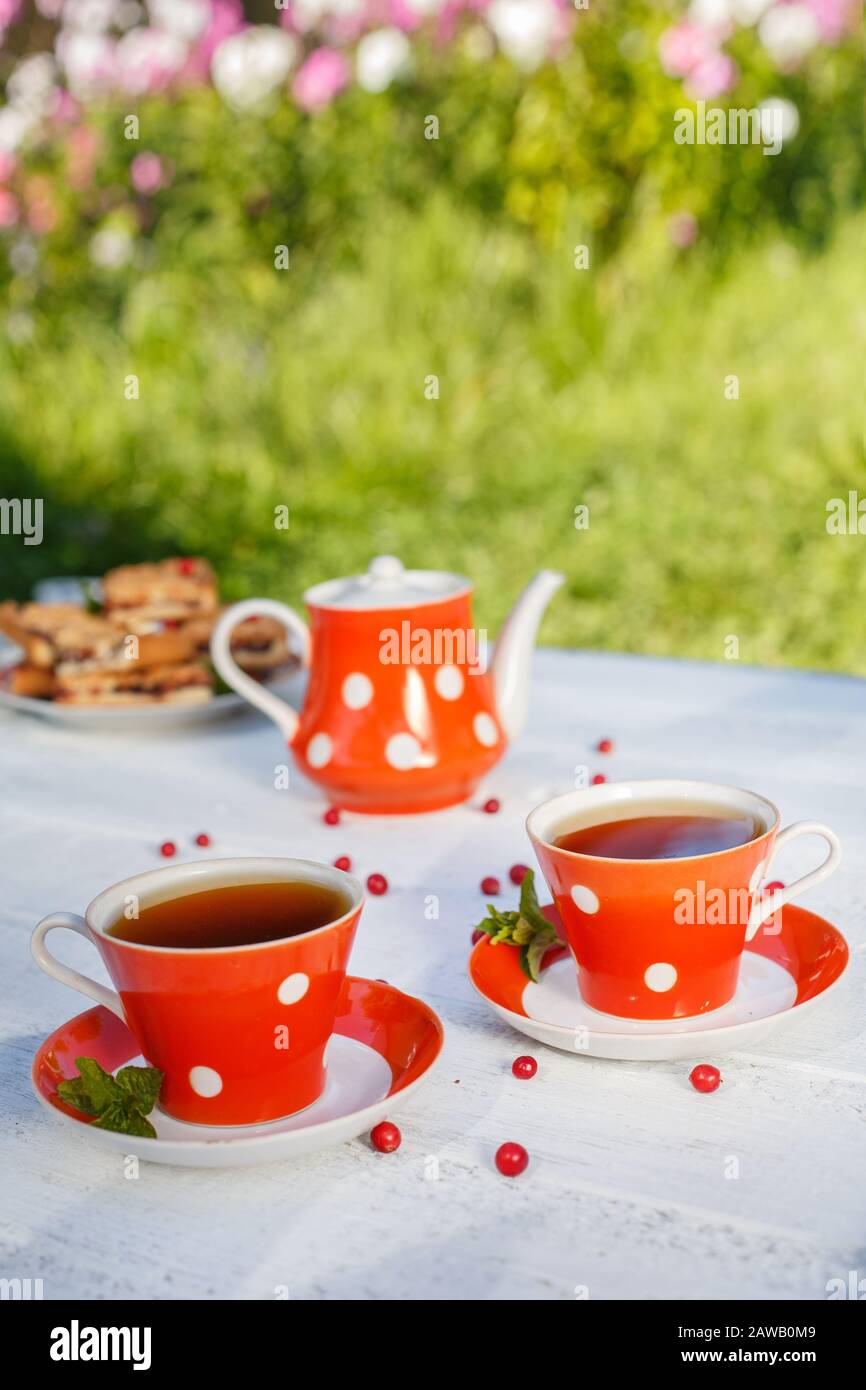 Time to drink tea outdoors in the garden. Summertime scene Stock Photo ...