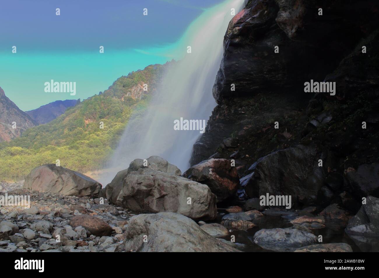 beautiful jang waterfalls or nuranang waterfalls, surrounded by ...