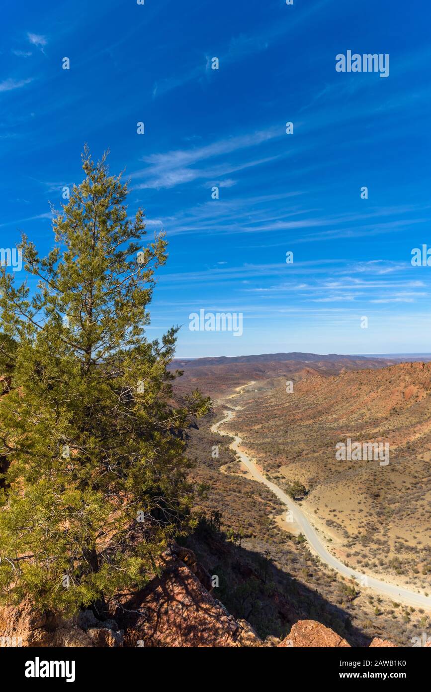 Ridge-top scenic view along the Gammon Range with the snaking dirt road ...