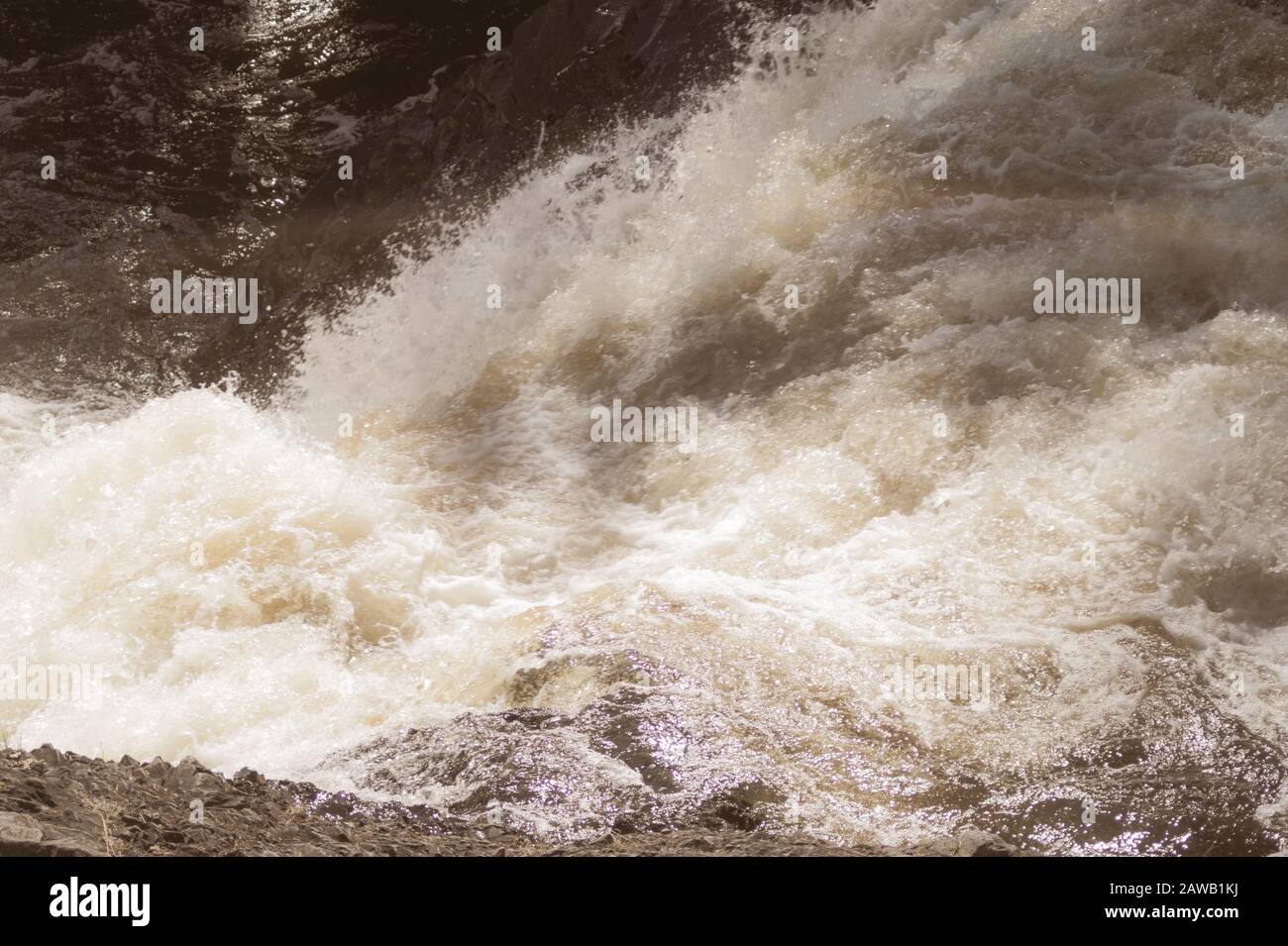 Water stream with foam. falling river water. waterfall flow. water ...