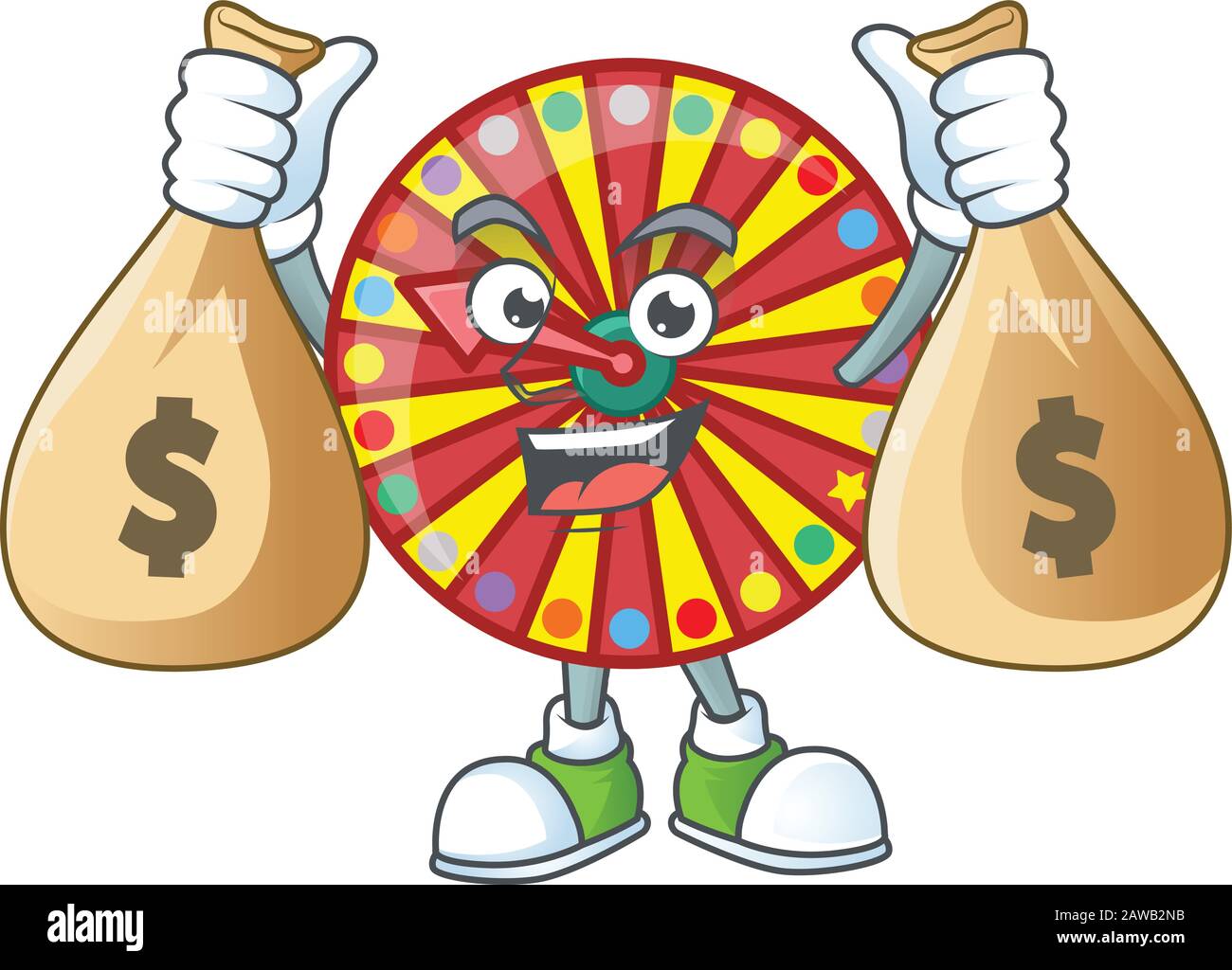 A cute image of wheel fortune cartoon character holding money bags ...