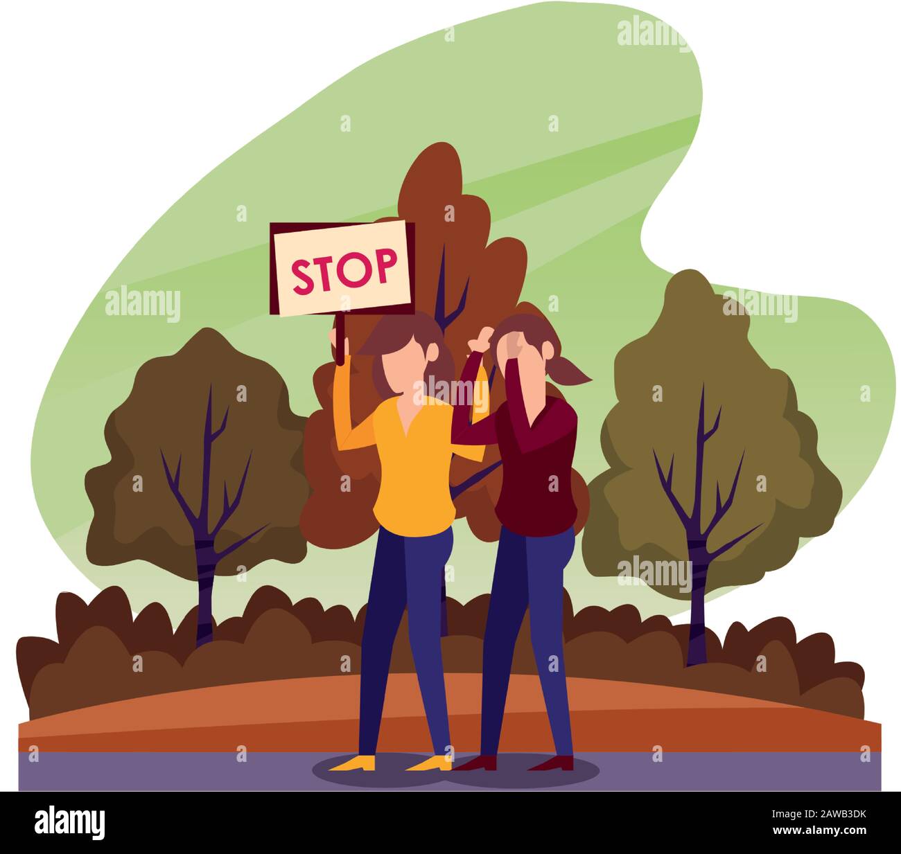 young women protesting with stop label characters Stock Vector Image ...