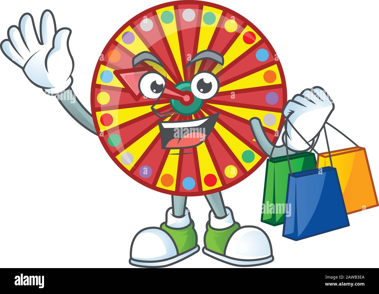 A rich wheel fortune cartoon design waving and holding Shopping bag ...