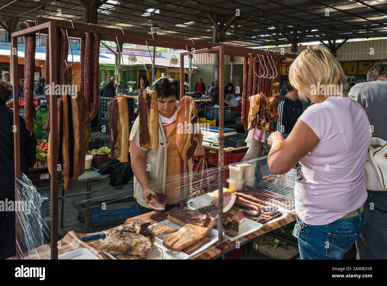 Meat stand at food market in Kalocsa, Hungary Stock Photo - Alamy