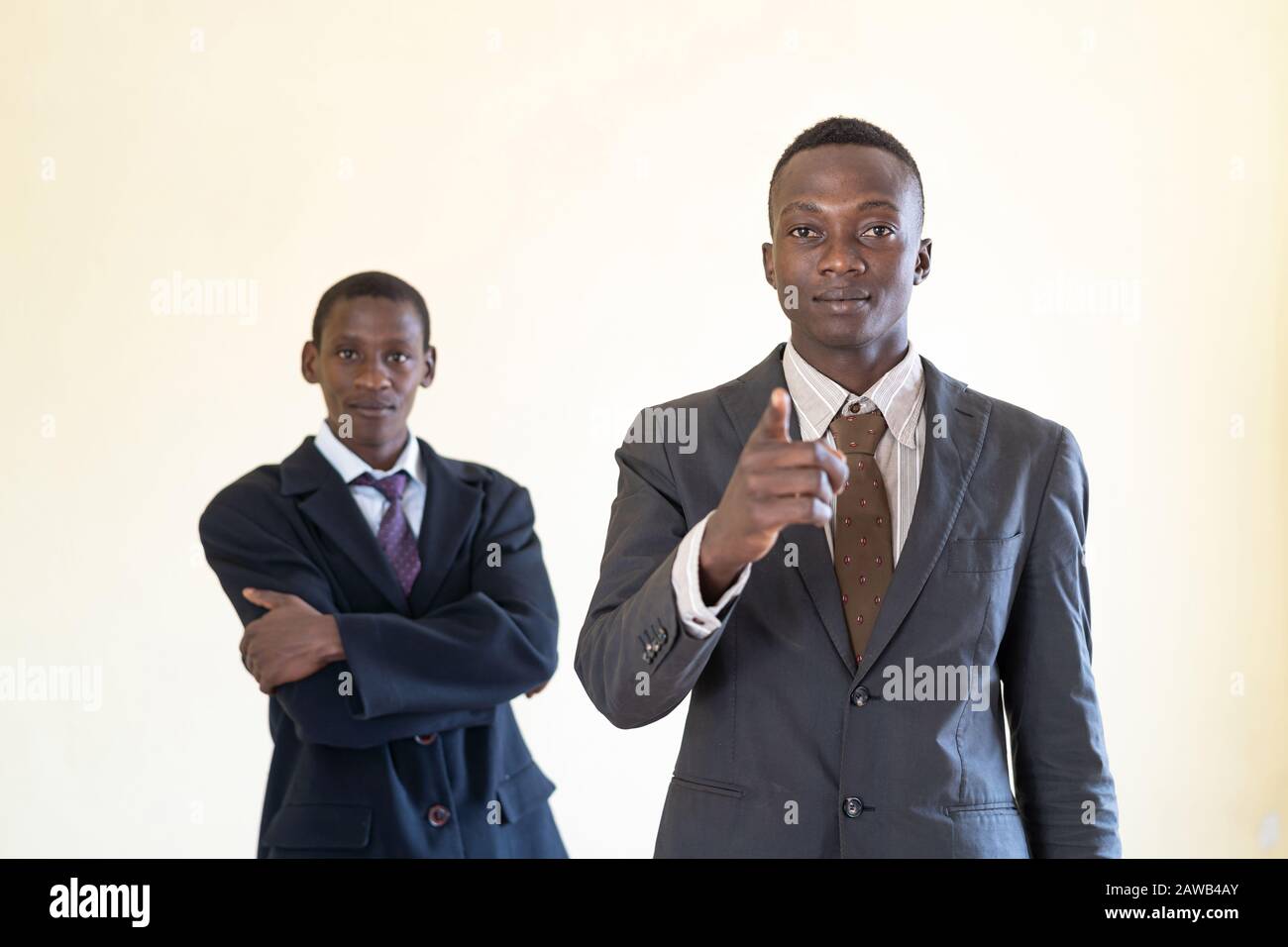 Black intelligent Businessman looking employee pointing finger isolated ...