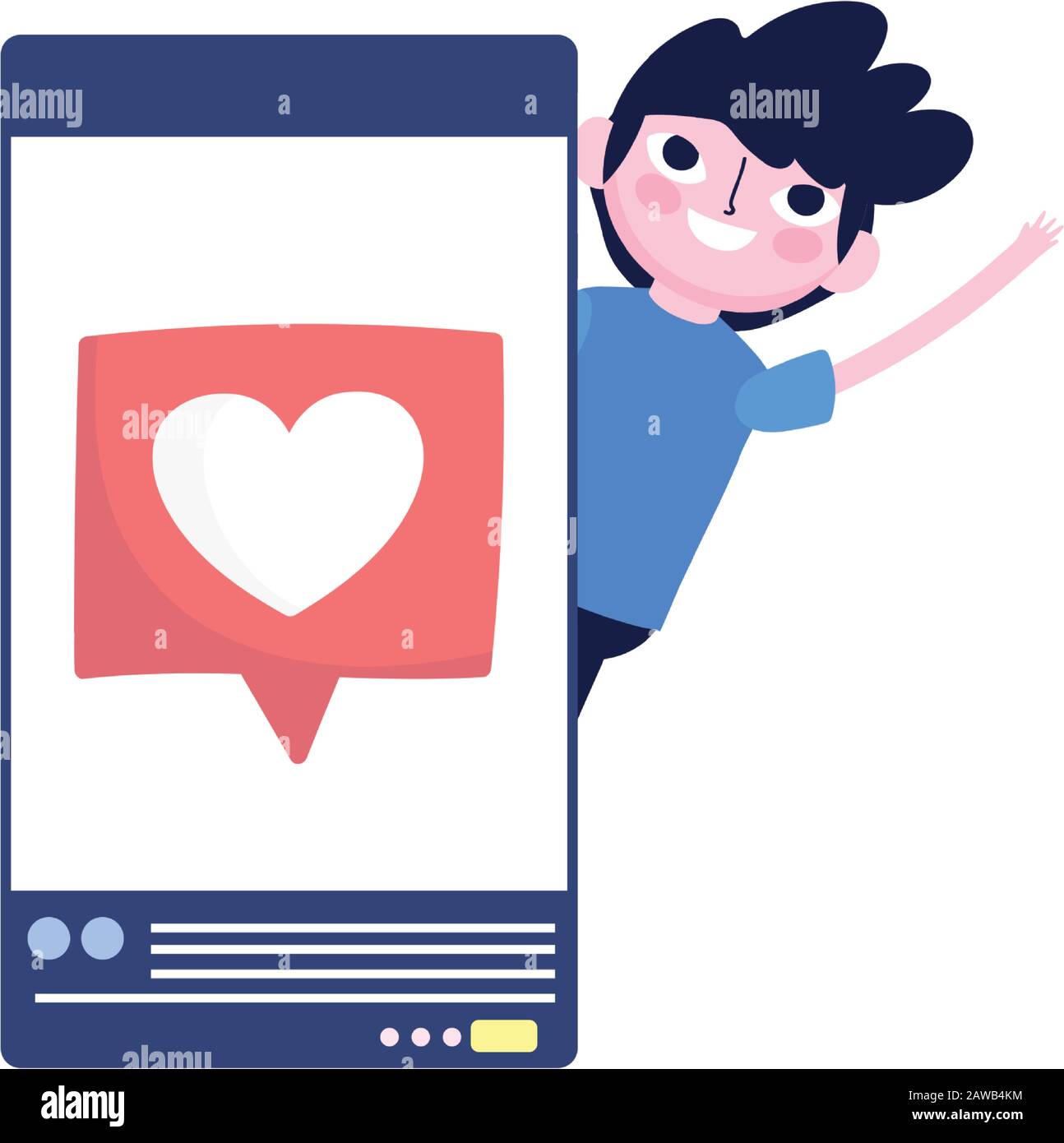 young boy with smartphone chat love social media vector illustration ...