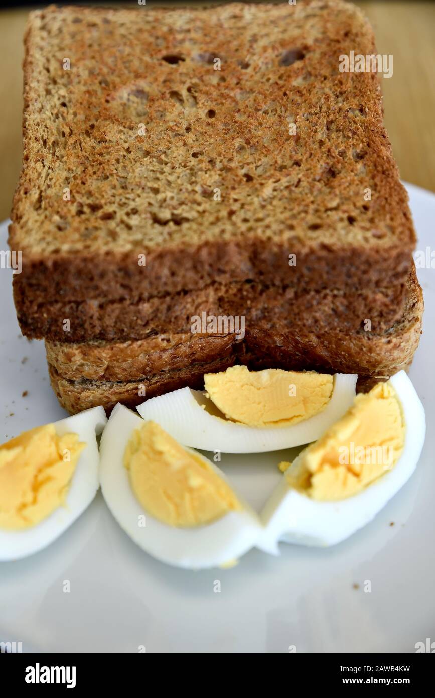 Whole wheat slice toasted bread with a sliced boiled egg on the white ...
