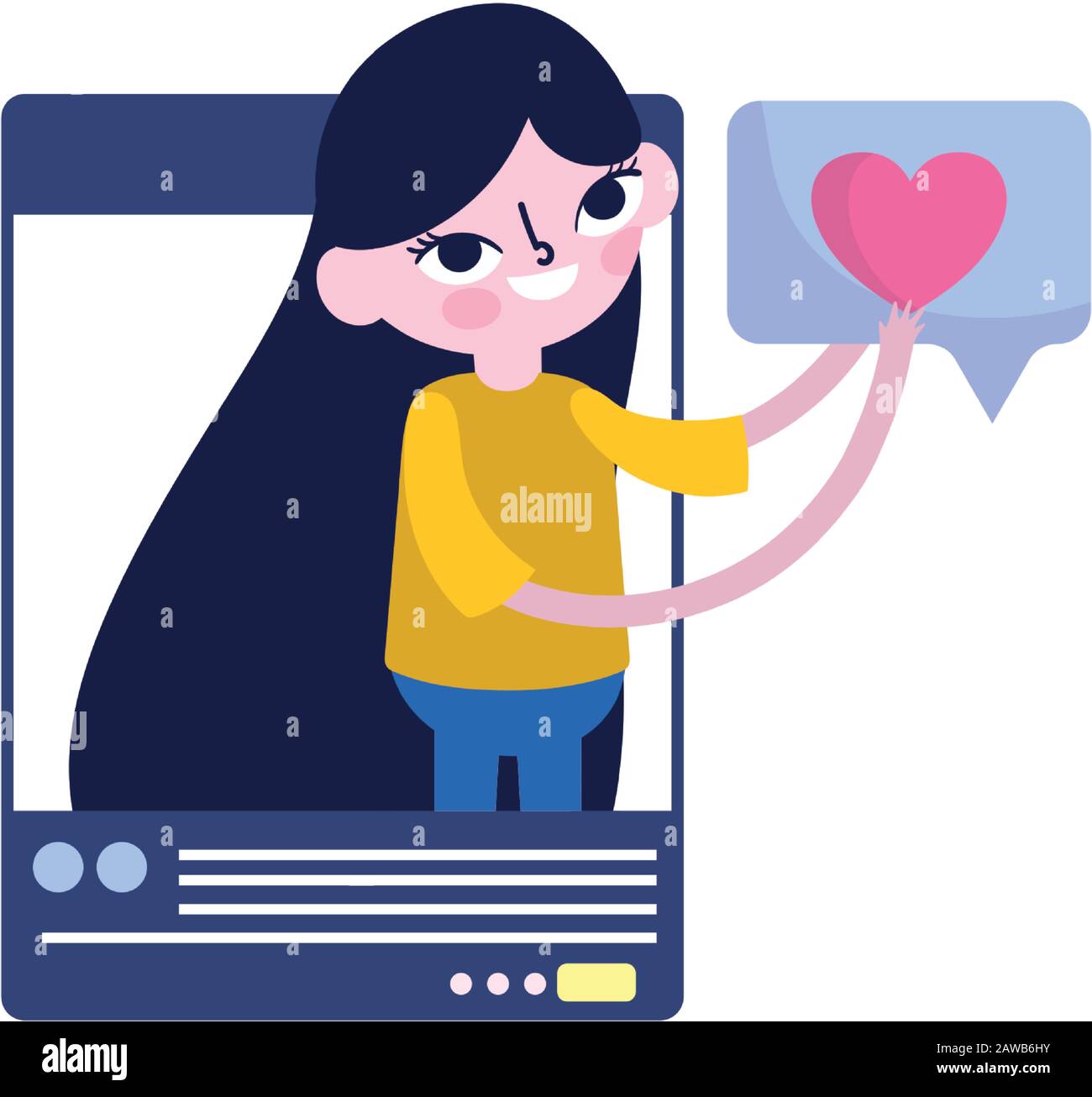 teen girl on screen smartphone romantic message social media vector ...