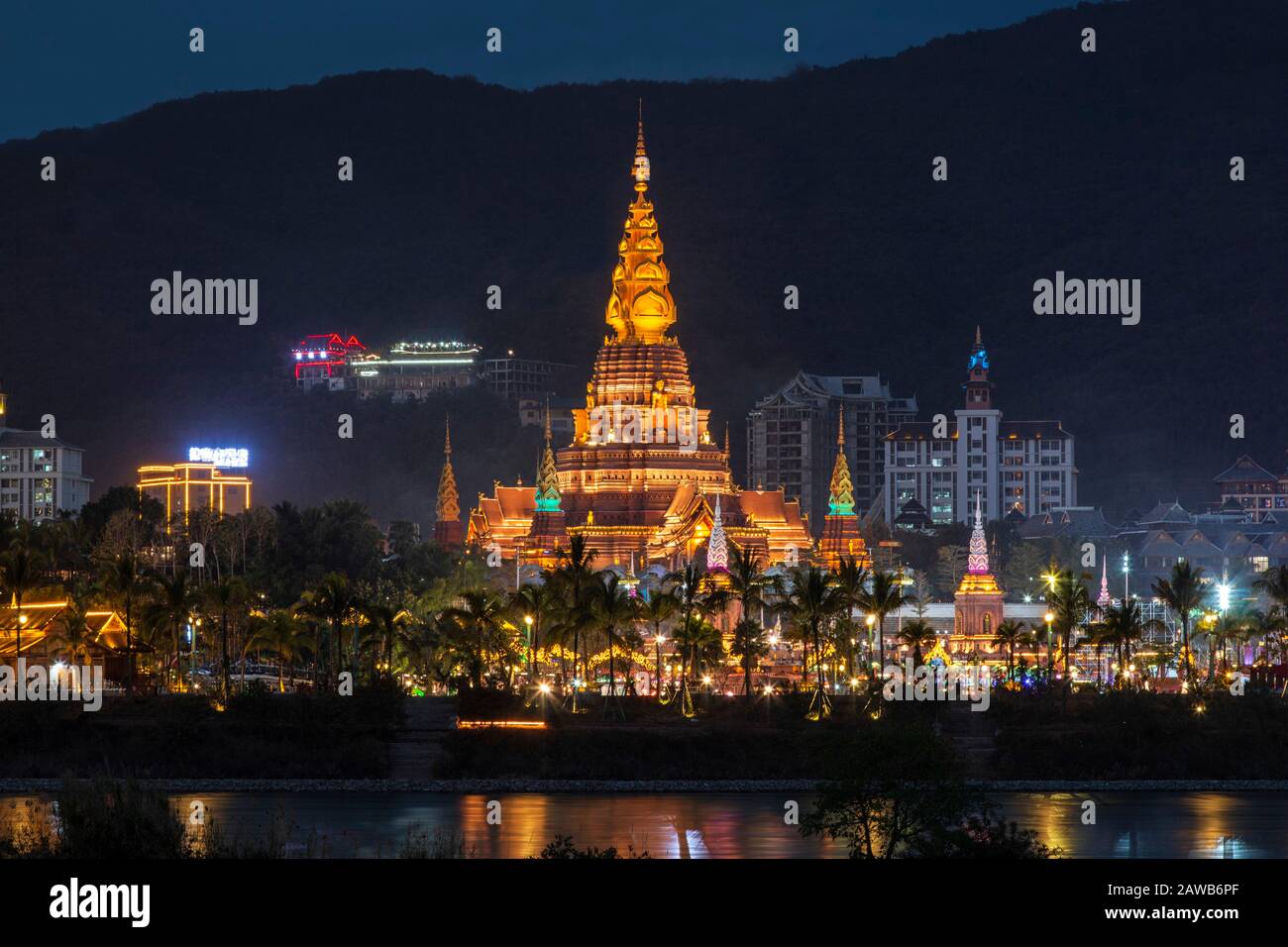 Jinghong, China - January 2, 2020: Big Golden Pagoda also called Dajin ...