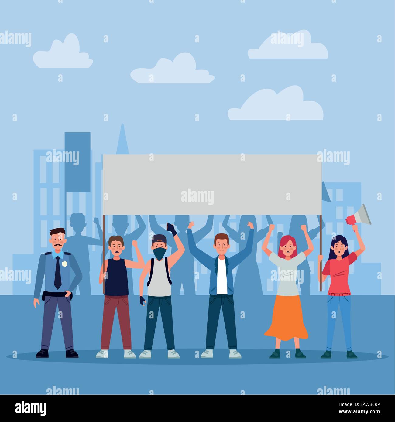 group of protesting people with banners and megaphone Stock Vector ...