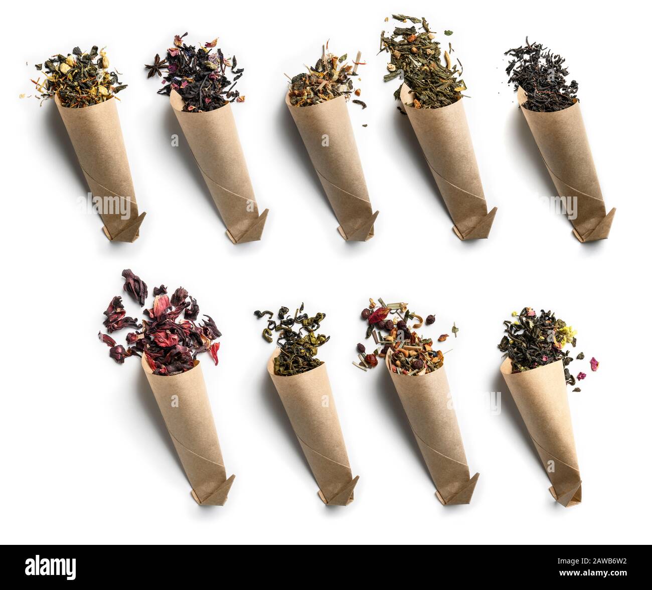 Large assortment of tea on a white background. The view from the top ...