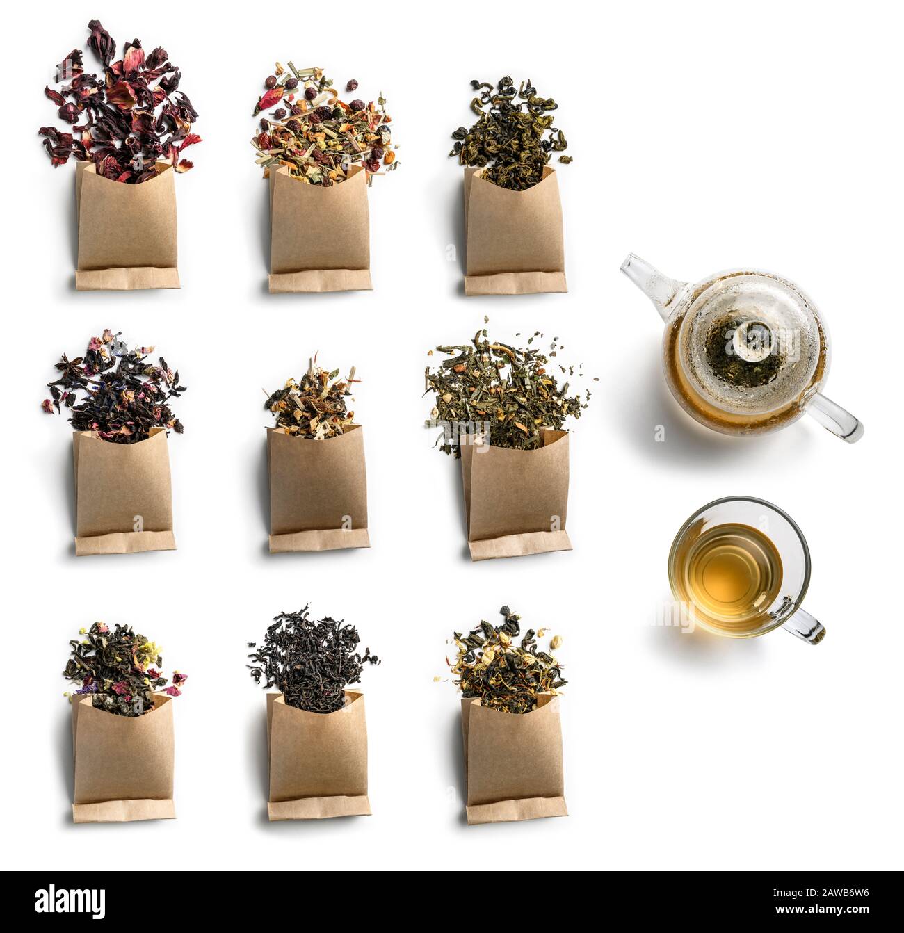 Large assortment of tea on a white background. The view from the top ...