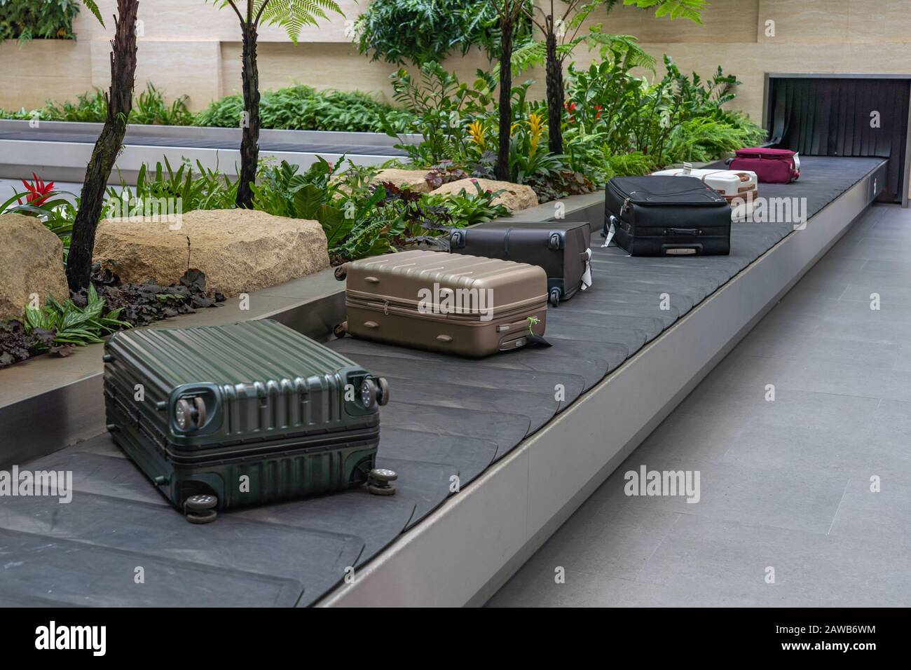 Luggage on conveyor belt at arrival terminal in Changi airport Stock ...
