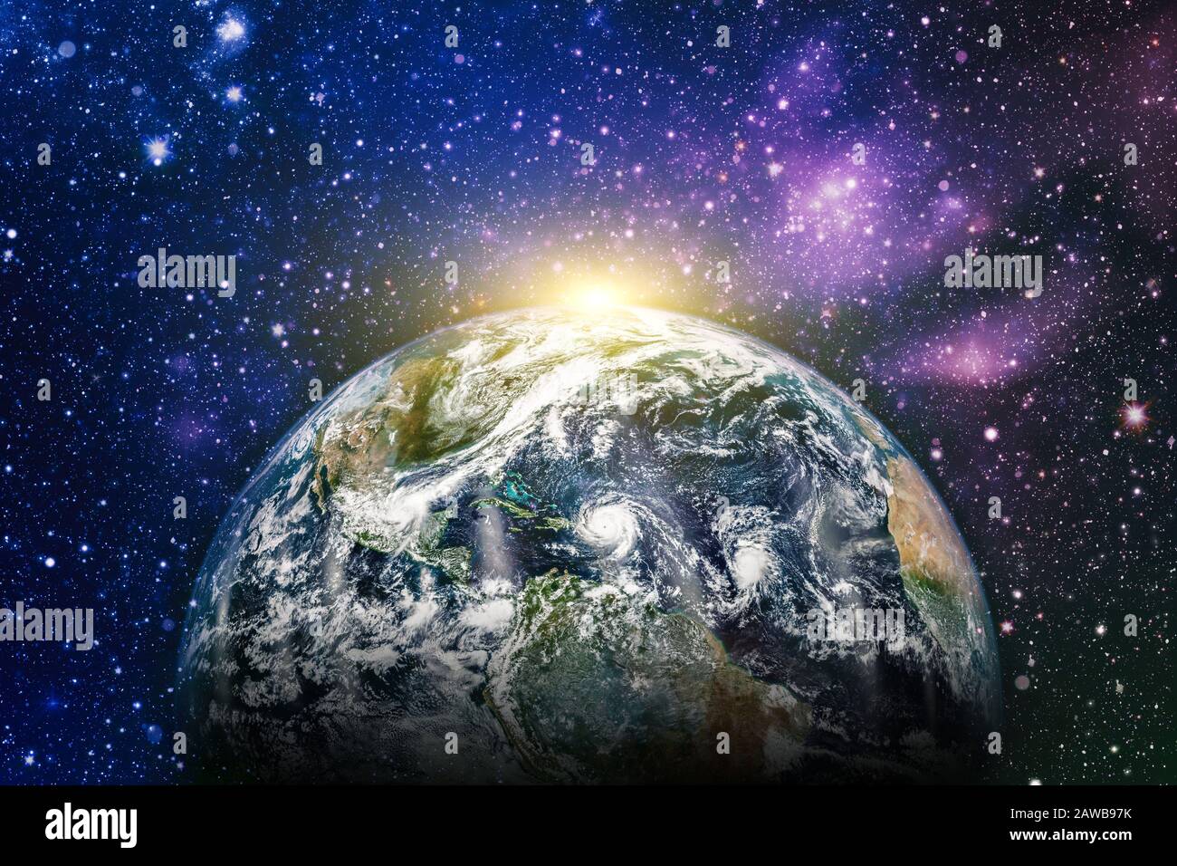 Beautiful Earth . Panoramic view of the Earth, sun, star and galaxy. Sunrise over planet Earth ...