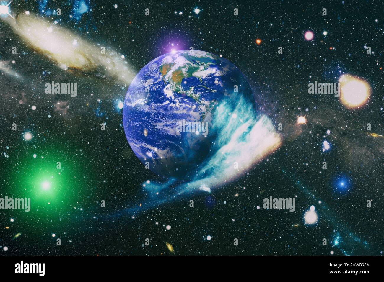 Beautiful Earth . Panoramic view of the Earth, sun, star and galaxy ...