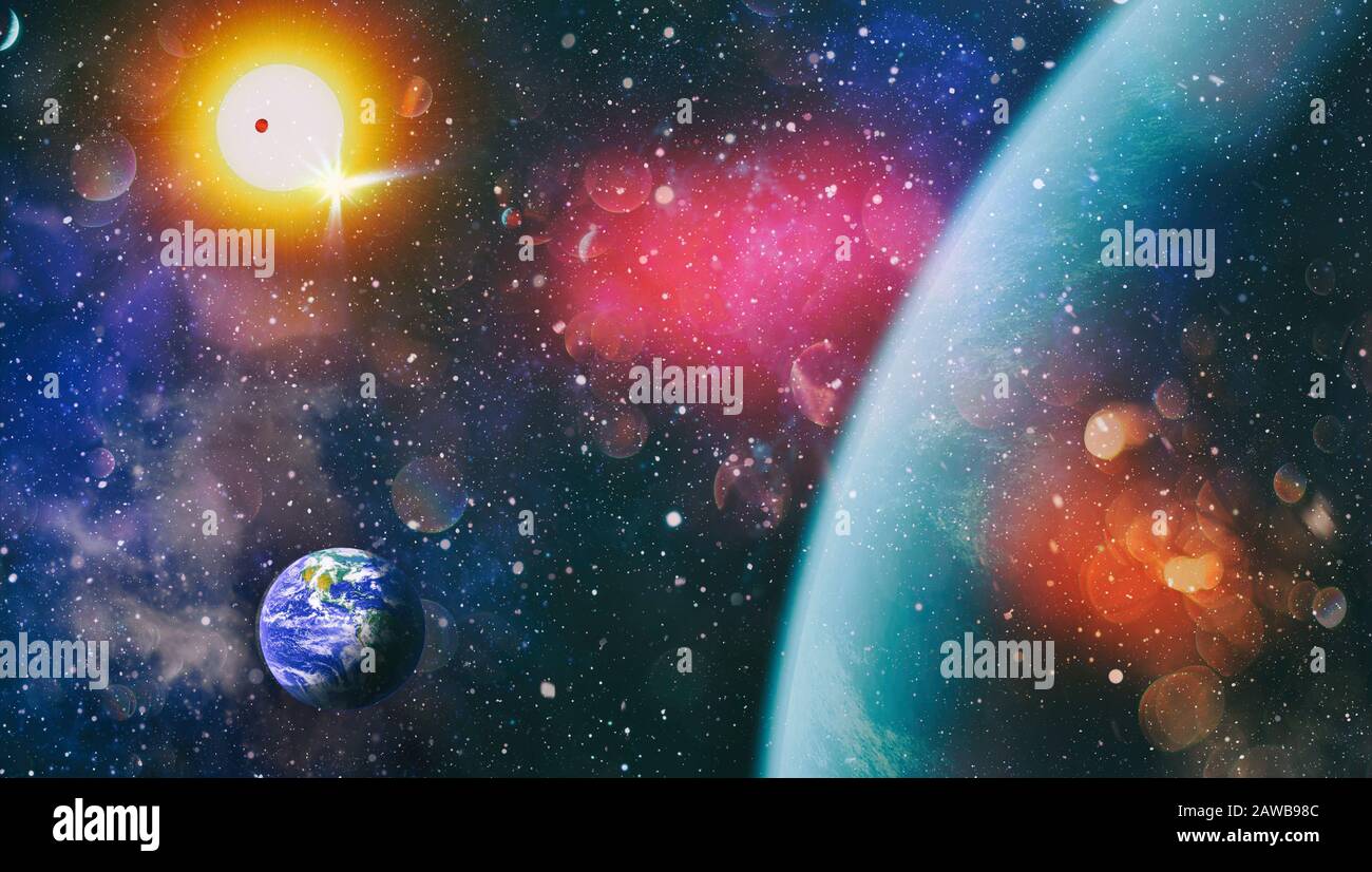 Beautiful Earth . Panoramic view of the Earth, sun, star and galaxy. Sunrise over planet Earth ...