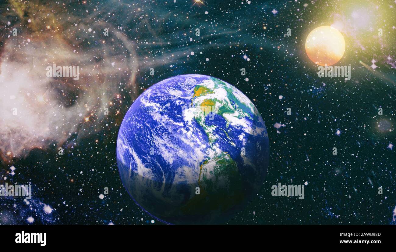 Beautiful Earth . Panoramic view of the Earth, sun, star and galaxy. Sunrise over planet Earth ...