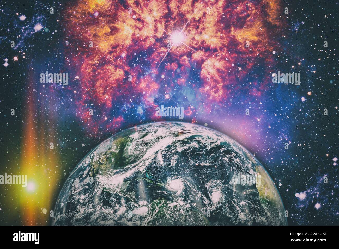 Beautiful Earth . Panoramic view of the Earth, sun, star and galaxy. Sunrise over planet Earth ...