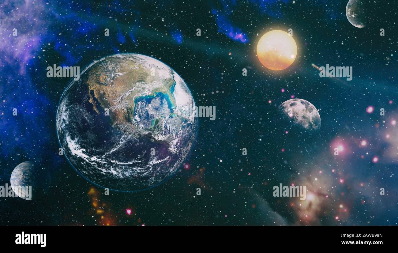 Beautiful Earth . Panoramic view of the Earth, sun, star and galaxy. Sunrise over planet Earth ...