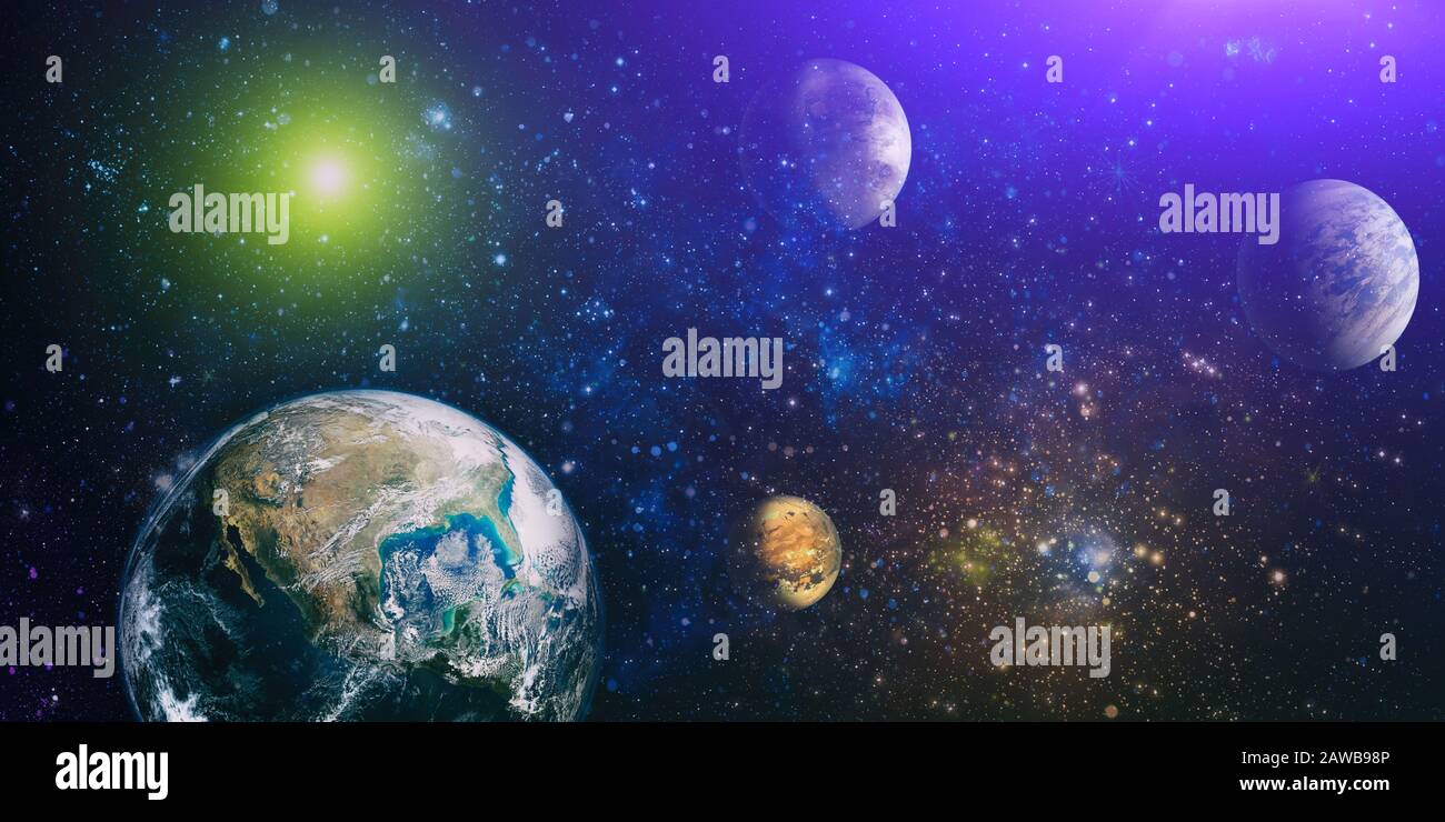 Beautiful Earth . Panoramic view of the Earth, sun, star and galaxy. Sunrise over planet Earth ...