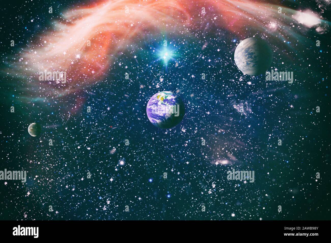 Beautiful Earth . Panoramic view of the Earth, sun, star and galaxy. Sunrise over planet Earth ...