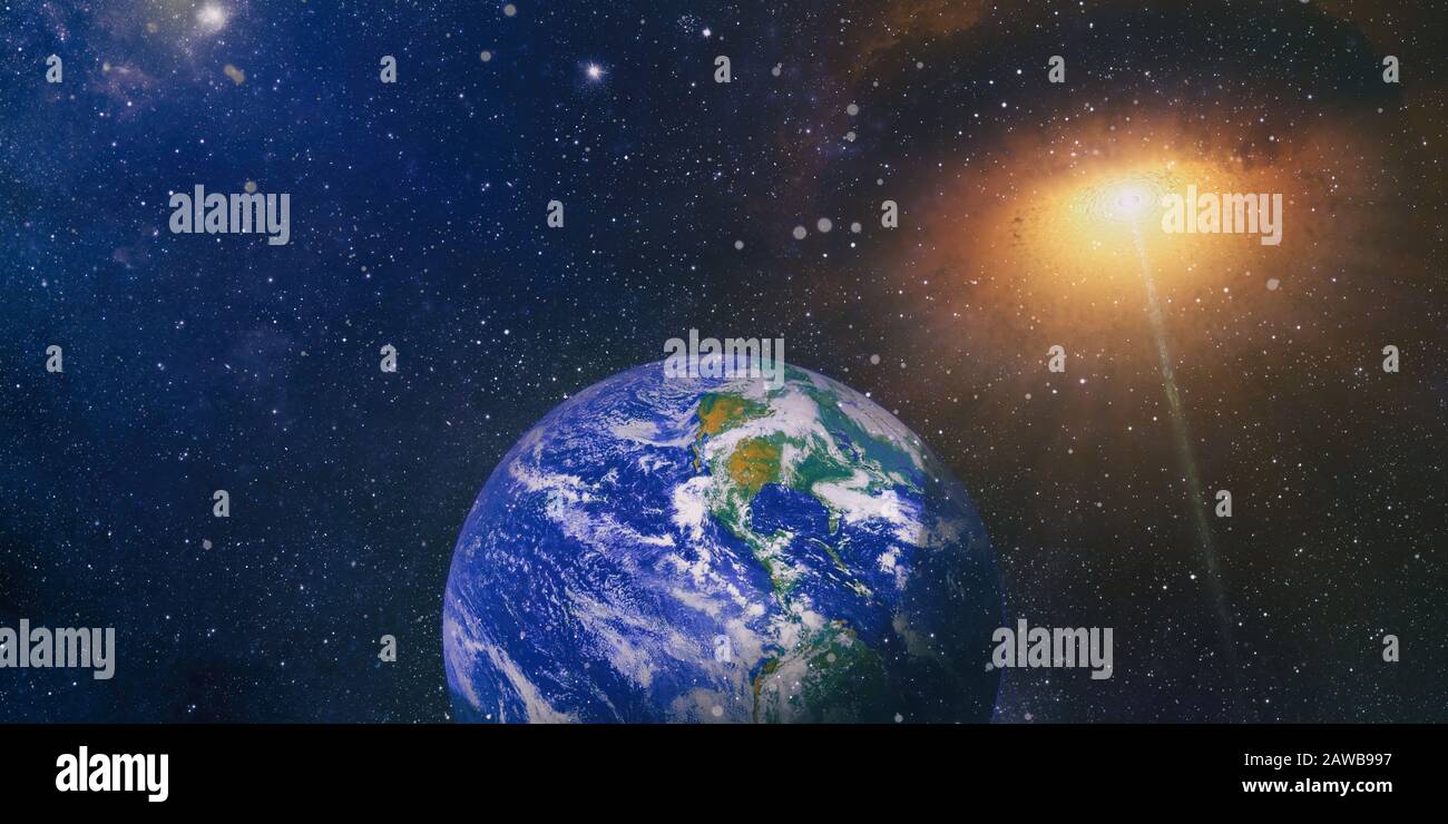 Beautiful Earth . Panoramic view of the Earth, sun, star and galaxy. Sunrise over planet Earth ...