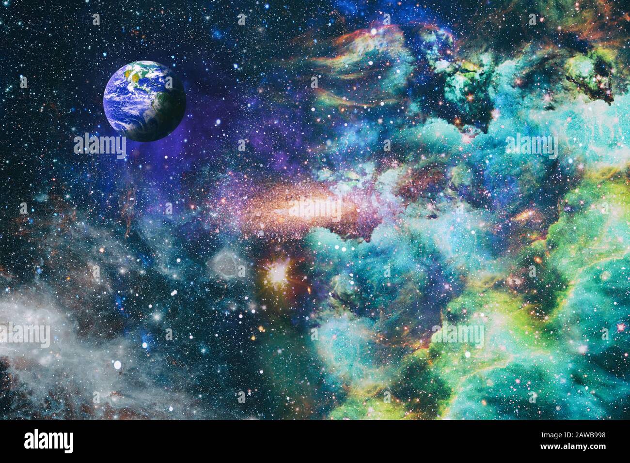 Beautiful Earth . Panoramic view of the Earth, sun, star and galaxy. Sunrise over planet Earth ...