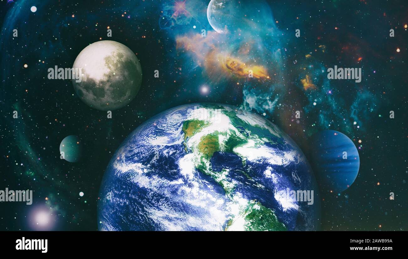 Beautiful Earth . Panoramic view of the Earth, sun, star and galaxy. Sunrise over planet Earth ...