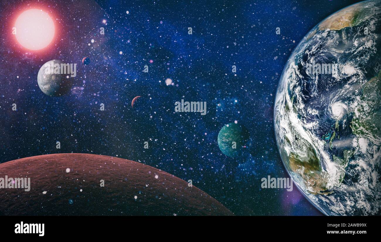 Beautiful Earth . Panoramic view of the Earth, sun, star and galaxy. Sunrise over planet Earth ...