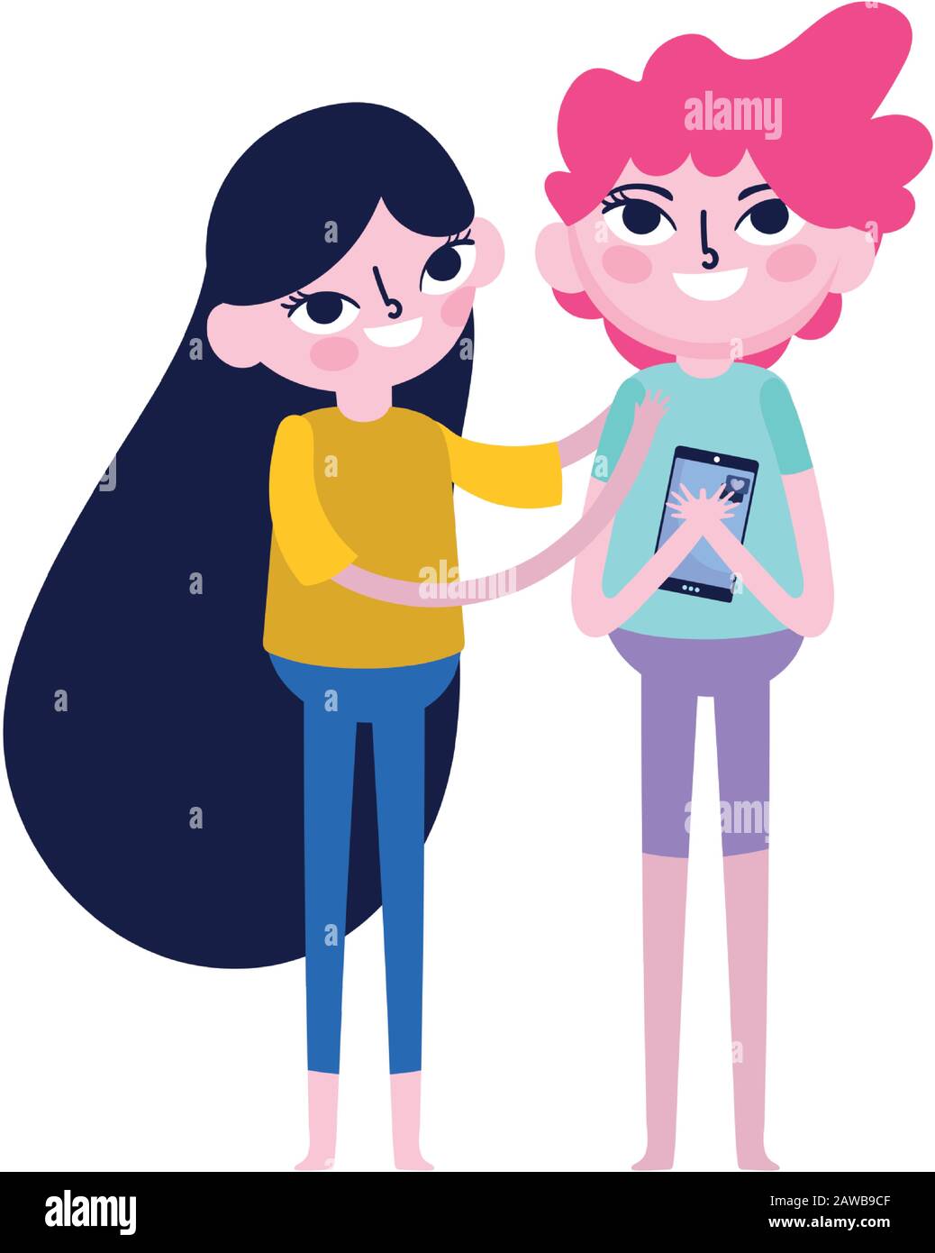 teen boy with smartphone and girl together social media vector ...