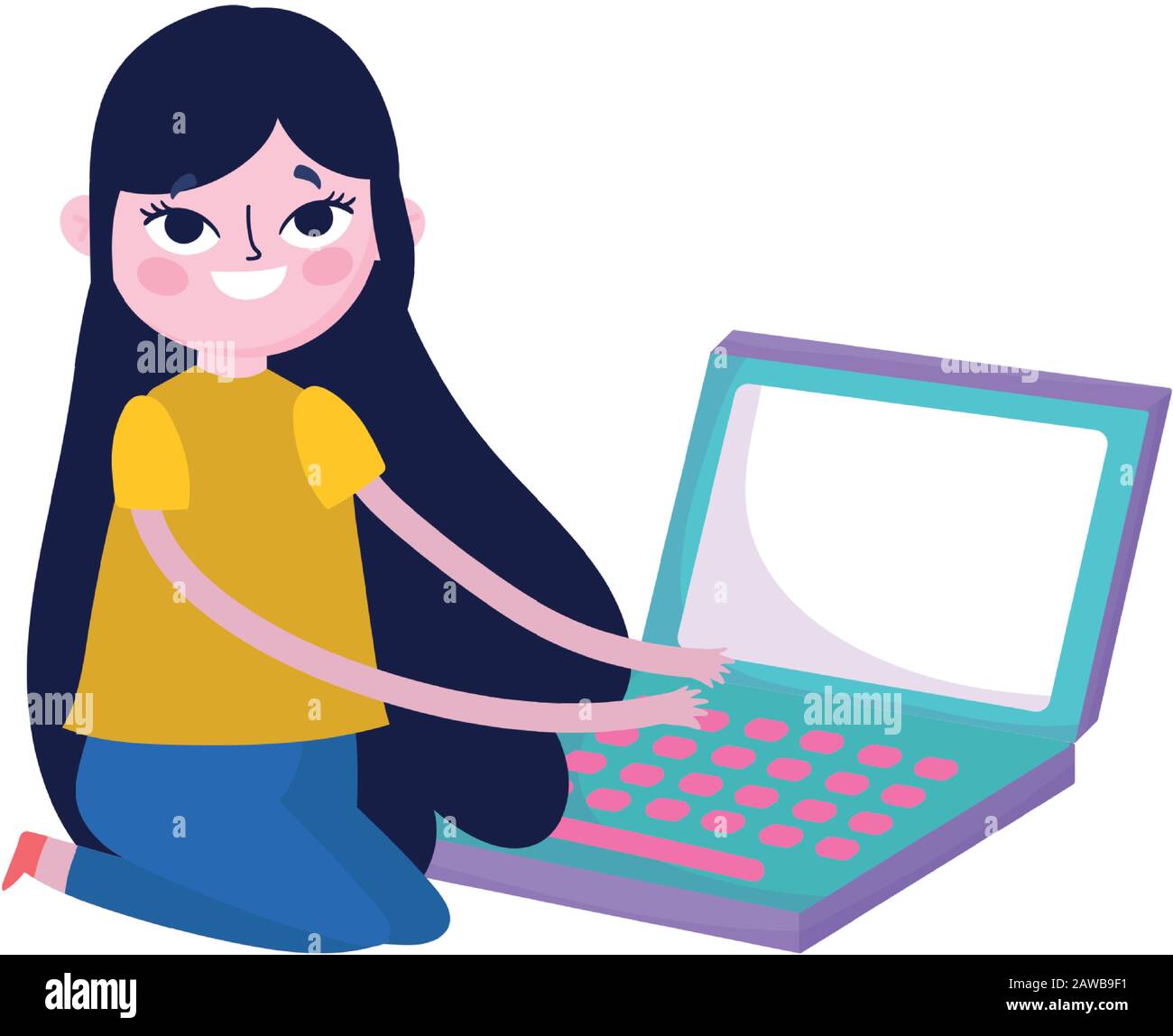 cute teen girl typing laptop computer social media vector illustration ...