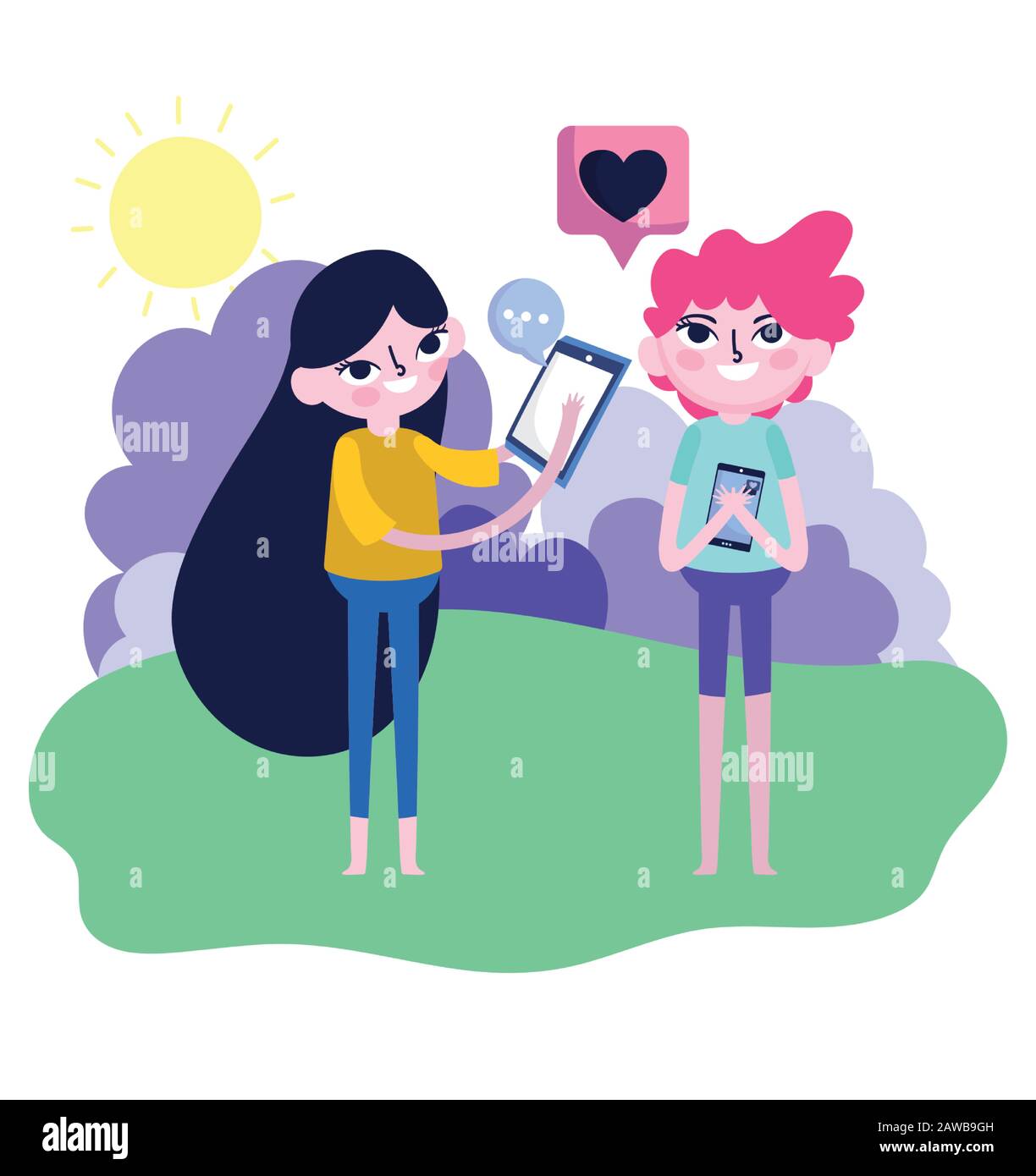 cute girl and boy smartphone idea talk love setting message social ...
