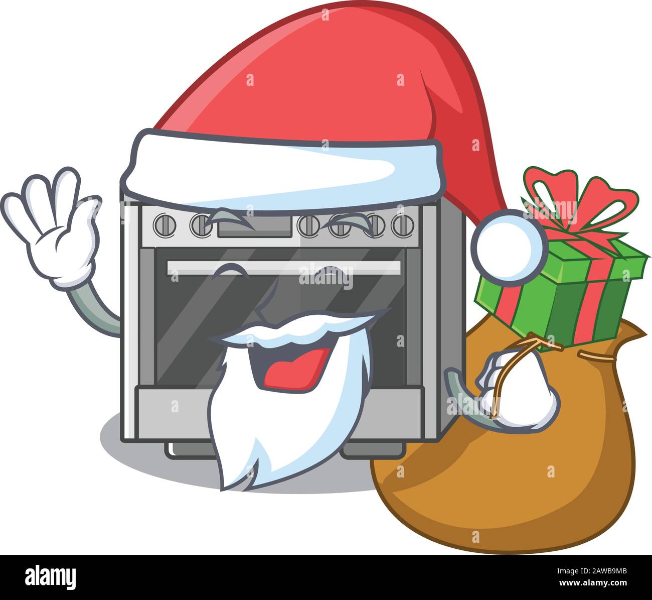 Santa kitchen stove Cartoon character design having box of gifts Stock ...
