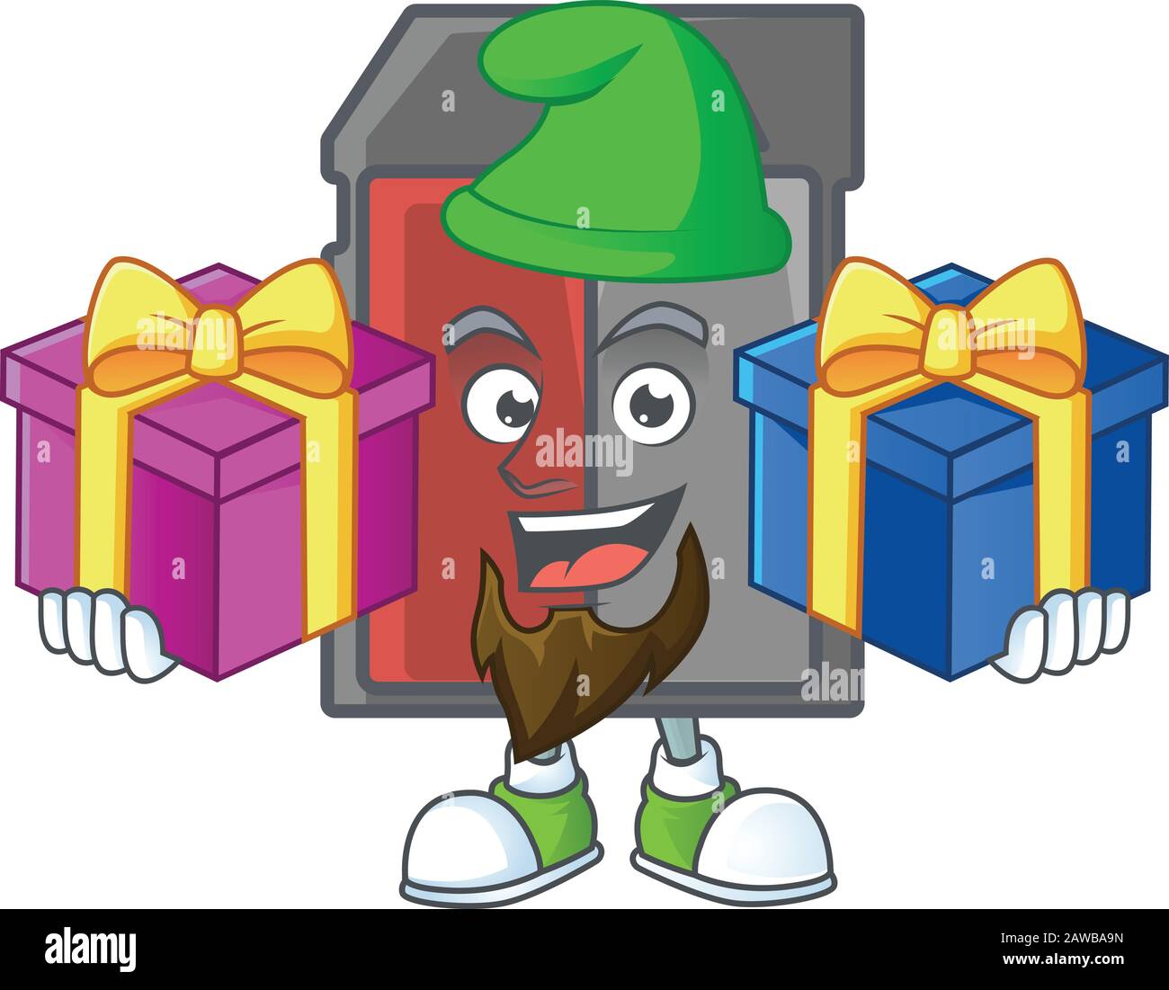 A charming memory card cartoon mascot style with two boxes of gifts ...