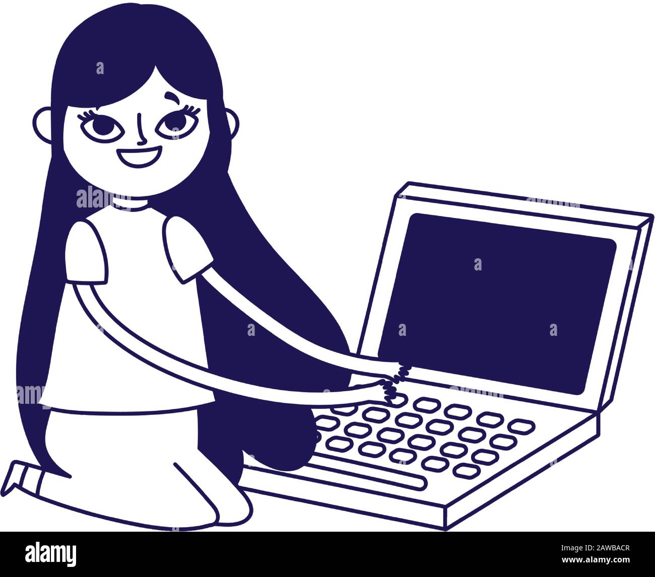 cute teen girl typing laptop computer social media vector illustration ...