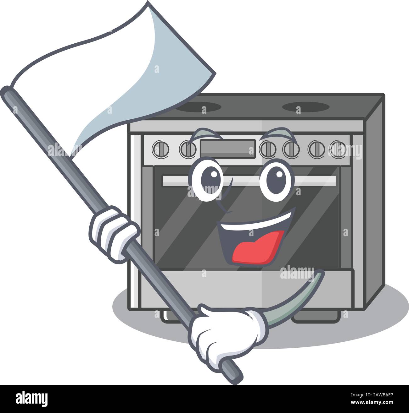 Funny kitchen stove cartoon character style holding a standing flag ...