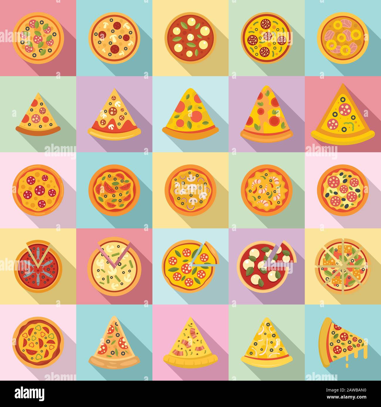 Pizza icons set. Flat set of pizza vector icons for web design Stock ...