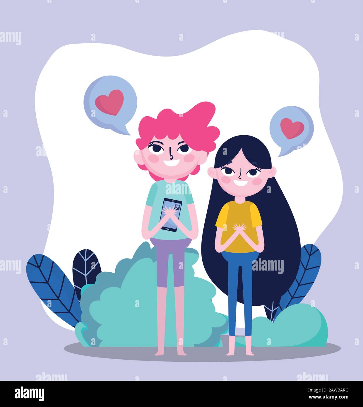 cute girl and boy smartphone idea talk love setting message social ...