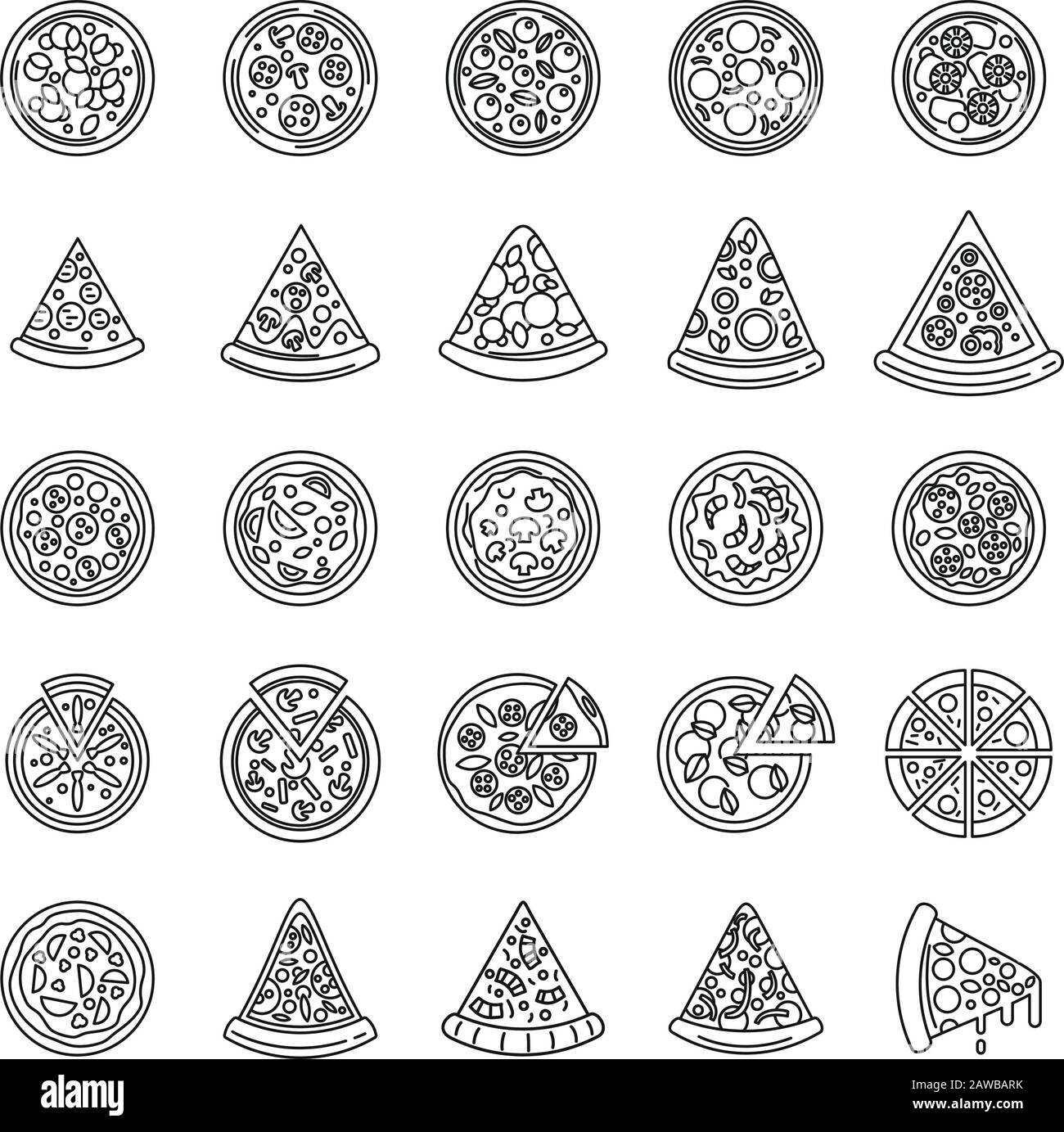Italian pizza icons set. Outline set of italian pizza vector icons for ...