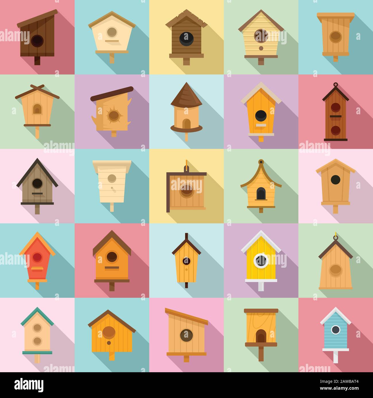 Bird house icons set. Flat set of bird house vector icons for web ...