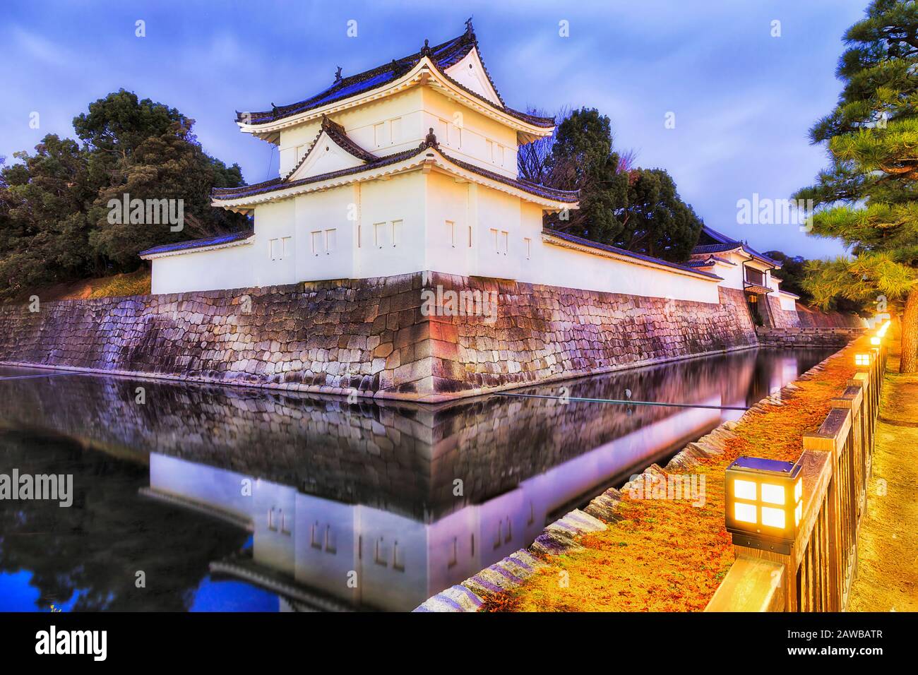 Corner watch tower of stone wall around Nijo castle in Kyoto city of ...