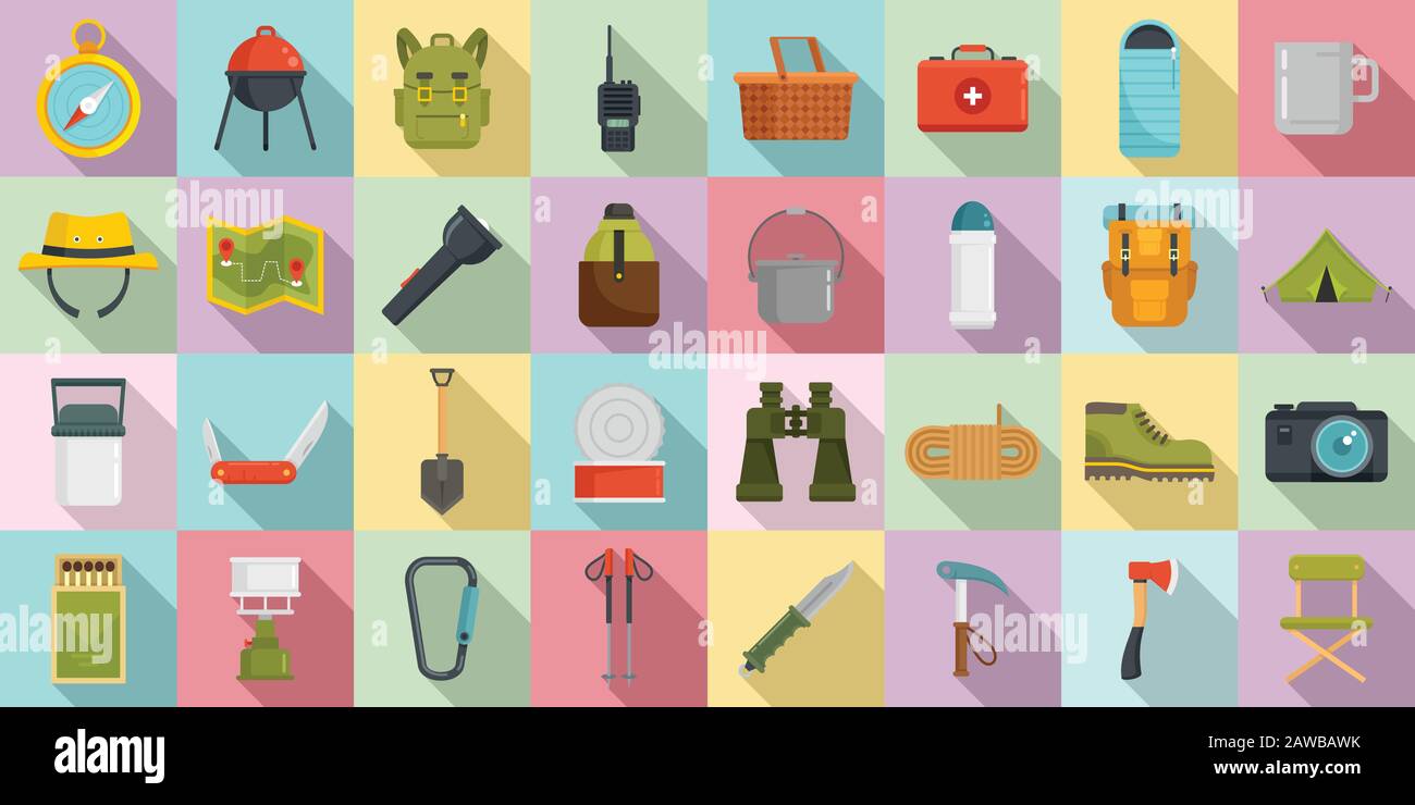 Hiking icons set. Flat set of hiking vector icons for web design Stock ...