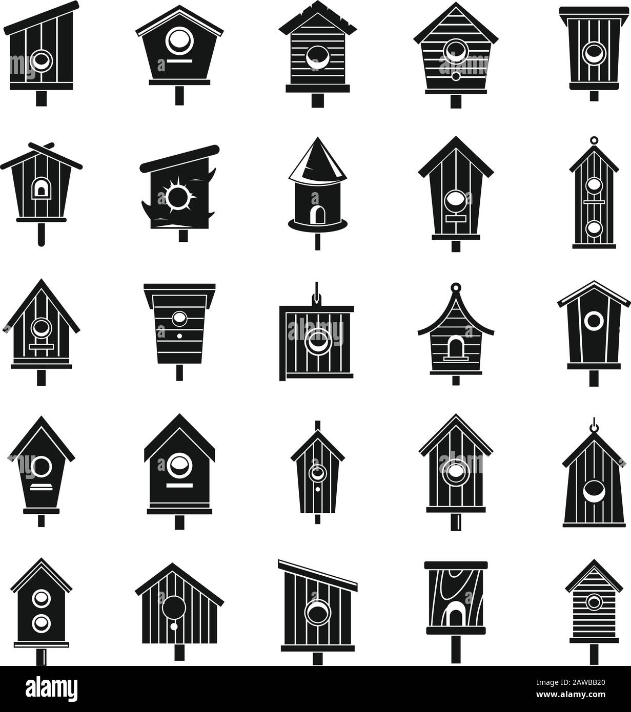 Tree bird house icons set. Simple set of tree bird house vector icons ...