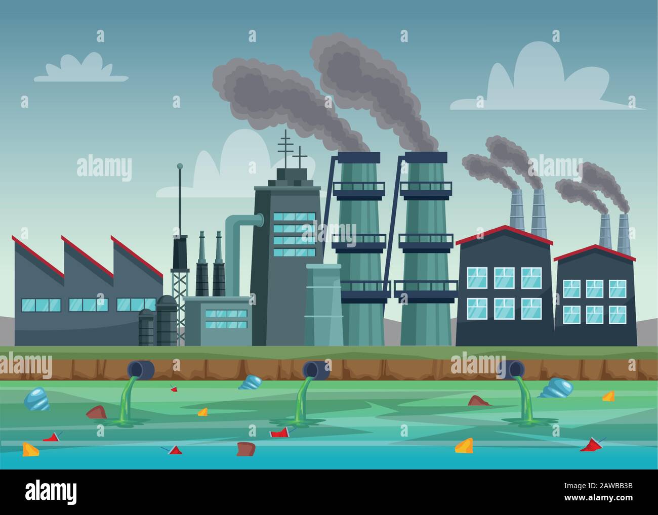 factory industry polluting teh water scene Stock Vector Image & Art - Alamy