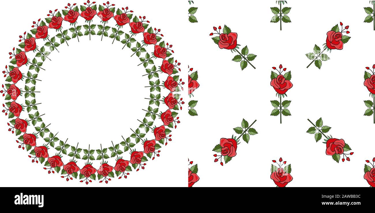 Red roses set - Vector seamless frames with roses and abstract patterns ...