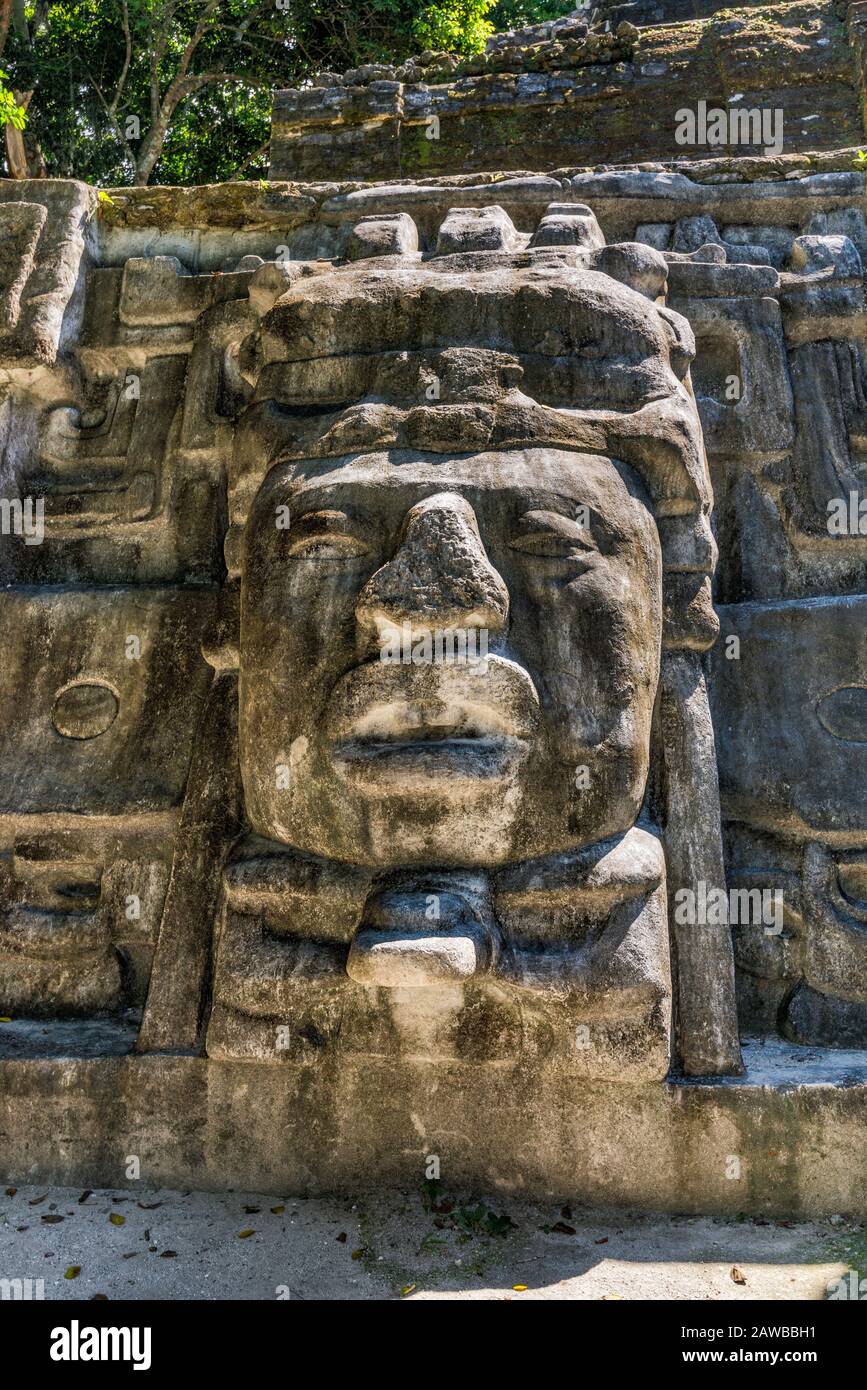 Mask of man, Mask Temple at Lamanai, Maya ruins, rainforest near Indian ...