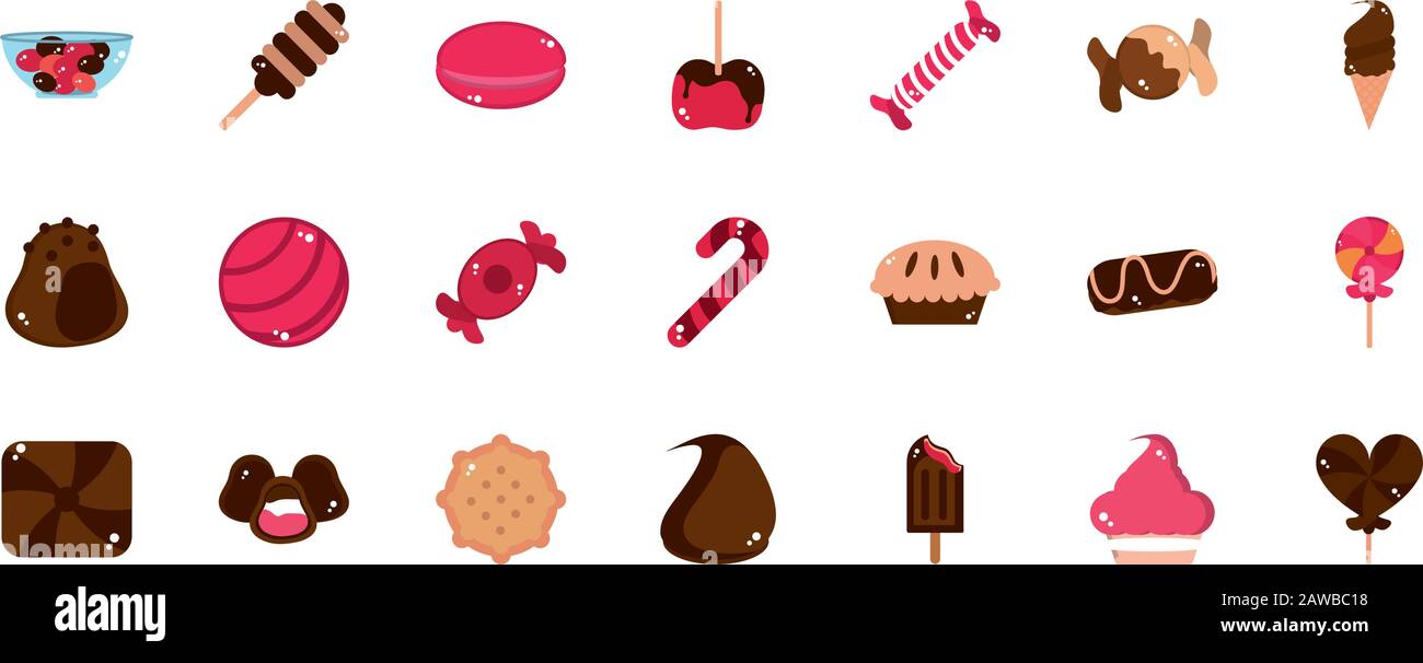 sweet confectionery snack food candy icons collection vector ...